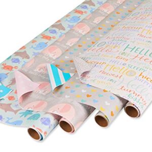 American Greetings Reversible Baby Shower Wrapping Paper, Animals and Hearts (4 Rolls, 160 sq. ft)