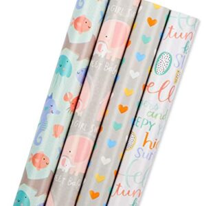 American Greetings Reversible Baby Shower Wrapping Paper, Animals and Hearts (4 Rolls, 160 sq. ft)