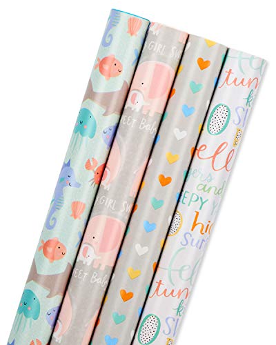 American Greetings Reversible Baby Shower Wrapping Paper, Animals and Hearts (4 Rolls, 160 sq. ft)