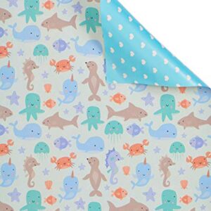 American Greetings Reversible Baby Shower Wrapping Paper, Animals and Hearts (4 Rolls, 160 sq. ft)