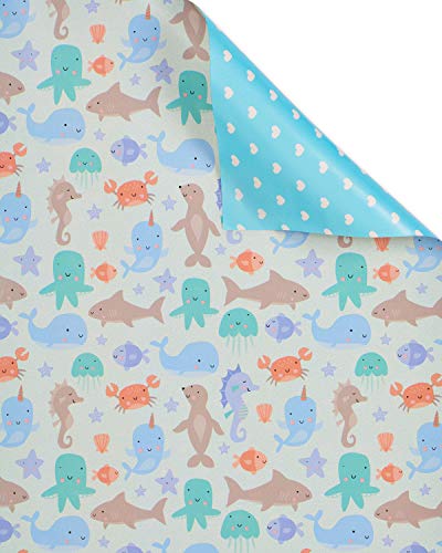 American Greetings Reversible Baby Shower Wrapping Paper, Animals and Hearts (4 Rolls, 160 sq. ft)