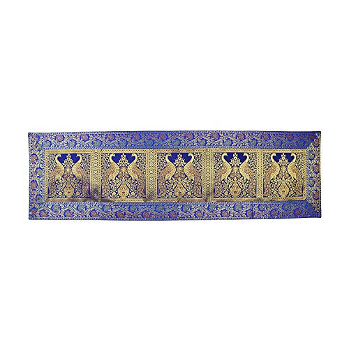 Ethnic Bohemian Table Runner for Dining Table and Bed Decorative Purpose in Banaras Silk Brocade with Royal Motifs for Gifts Table Linen (Blue,60x16 Inch)