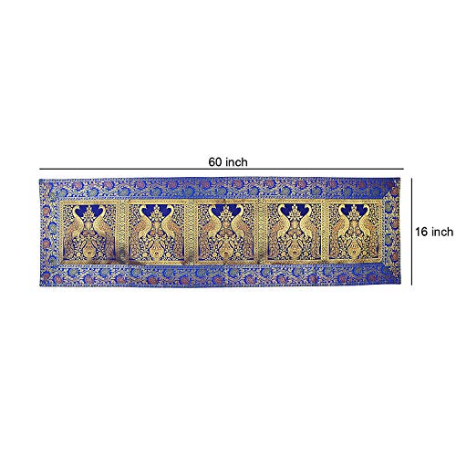 Ethnic Bohemian Table Runner for Dining Table and Bed Decorative Purpose in Banaras Silk Brocade with Royal Motifs for Gifts Table Linen (Blue,60x16 Inch)