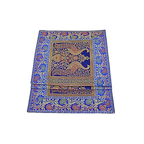 Ethnic Bohemian Table Runner for Dining Table and Bed Decorative Purpose in Banaras Silk Brocade with Royal Motifs for Gifts Table Linen (Blue,60x16 Inch)