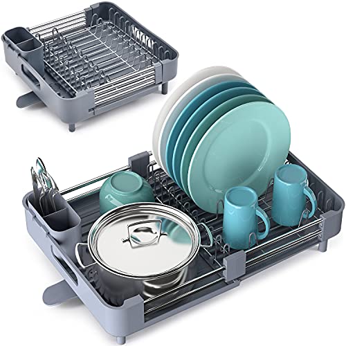 TOOLF Extendable Dish Rack, Dual Part Dish Drainers with Non-Scratch and Movable Cutlery Drainer and Drainage Spout, Adjustable Dish Drying Rack for Kitchen, 1 Piece Grey