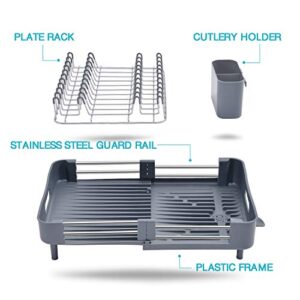 TOOLF Extendable Dish Rack, Dual Part Dish Drainers with Non-Scratch and Movable Cutlery Drainer and Drainage Spout, Adjustable Dish Drying Rack for Kitchen, 1 Piece Grey