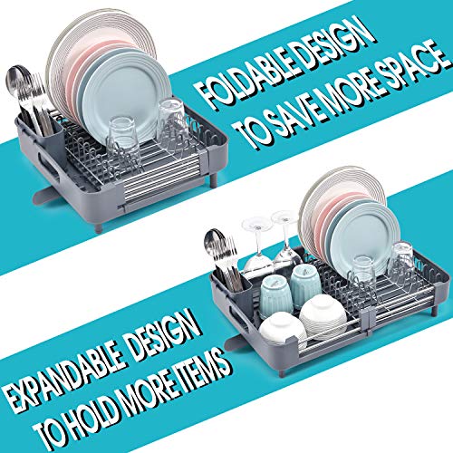 TOOLF Extendable Dish Rack, Dual Part Dish Drainers with Non-Scratch and Movable Cutlery Drainer and Drainage Spout, Adjustable Dish Drying Rack for Kitchen, 1 Piece Grey