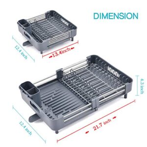 TOOLF Extendable Dish Rack, Dual Part Dish Drainers with Non-Scratch and Movable Cutlery Drainer and Drainage Spout, Adjustable Dish Drying Rack for Kitchen, 1 Piece Grey