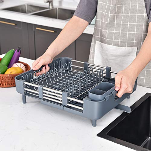 TOOLF Extendable Dish Rack, Dual Part Dish Drainers with Non-Scratch and Movable Cutlery Drainer and Drainage Spout, Adjustable Dish Drying Rack for Kitchen, 1 Piece Grey