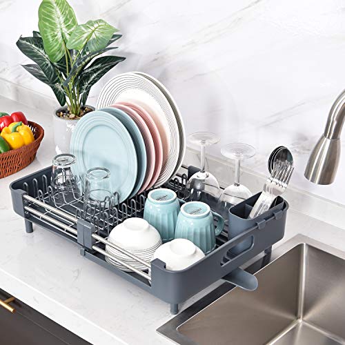 TOOLF Extendable Dish Rack, Dual Part Dish Drainers with Non-Scratch and Movable Cutlery Drainer and Drainage Spout, Adjustable Dish Drying Rack for Kitchen, 1 Piece Grey