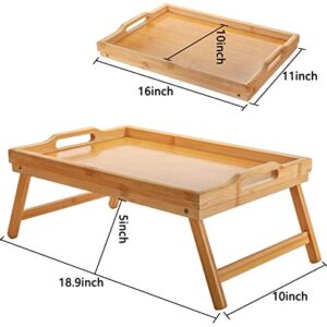 Lawei 2 Pack Bamboo Foldable Breakfast Table, Bed Tray Table with Legs, Serving Tray with Handles, Portable Food Table for Serving Breakfast in Bed, Laptop Desk Snack Tray for Eating, Reading, Working