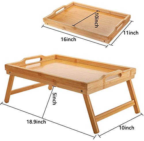 Lawei 2 Pack Bamboo Foldable Breakfast Table, Bed Tray Table with Legs, Serving Tray with Handles, Portable Food Table for Serving Breakfast in Bed, Laptop Desk Snack Tray for Eating, Reading, Working