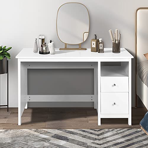 Vikiullf White Writing Desk with Drawers - 47” Modern Home Office Study Computer Desk with Storage Cabinet & Open Shelf, Simple Vanity Table for Bedroom