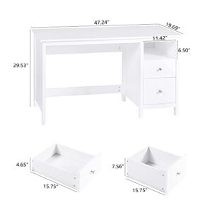 Vikiullf White Writing Desk with Drawers - 47” Modern Home Office Study Computer Desk with Storage Cabinet & Open Shelf, Simple Vanity Table for Bedroom