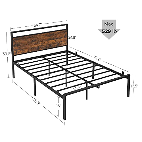 VASAGLE Full Size Metal Bed Frame with Headboard, No Box Spring Needed Platform Bed, Under-Bed Storage, Industrial Style, Rustic Brown and Black URMB912B01