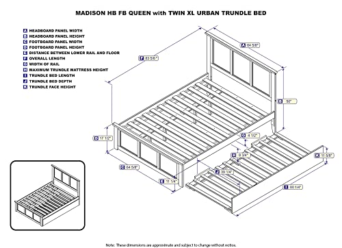 AFI Madison Queen Platform Bed with Matching Footboard and Turbo Charger with Twin Extra Long Trundle in White