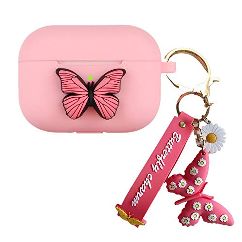 YQG Butterfly AirPods Pro Case, Shockproof Silicone 3D Butterfly Airpods 3 Cover Keychain for Women Girls Gift Compatible with Apple Airpods Pro Charging Case-Pink Butterfly