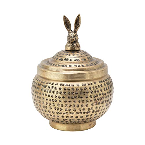 Creative Co-Op Hammered Metal Container with Rabbit Finial, Brass Finish Storage Box