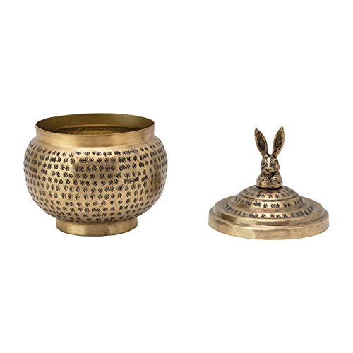 Creative Co-Op Hammered Metal Container with Rabbit Finial, Brass Finish Storage Box