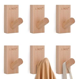 lingye wooden coat hooks wall mounted, handmade natural beech wood hook bath towel hooks coat rack hooks decorative hooks towel rack, for bathroom kitchen bedroom (rectangle 6pack)