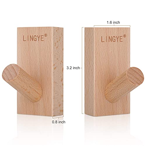 LINGYE Wooden Coat Hooks Wall Mounted, Handmade Natural Beech Wood Hook Bath Towel Hooks Coat Rack Hooks Decorative Hooks Towel Rack, for Bathroom Kitchen Bedroom (Rectangle 6Pack)