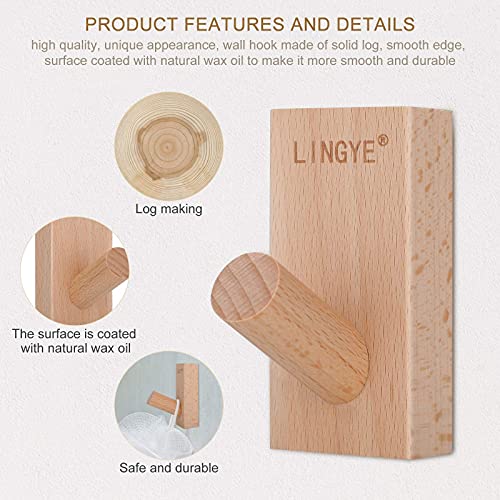 LINGYE Wooden Coat Hooks Wall Mounted, Handmade Natural Beech Wood Hook Bath Towel Hooks Coat Rack Hooks Decorative Hooks Towel Rack, for Bathroom Kitchen Bedroom (Rectangle 6Pack)