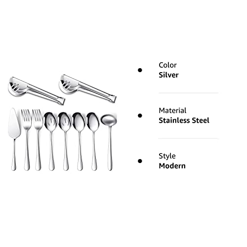 Serving Utensils Include Large Serving Spoons Slotted Serving Spoons Serving Forks Serving Tongs Soup Ladle and Pie Server Buffet Catering Serving Utensils for Dishwasher Safe (Silver,10 Pieces)