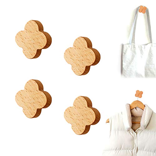 4Pcs Wood Adhesive Hooks Wall Mounted Natural Beech Wooden Coat Wall Hooks, Entryway Heavy Duty Modern Single Organizer Towel Hooks Hangers Creativity Decorative Handmade Craft Hat Rack(Flower shape)