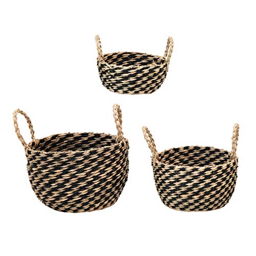 Creative Co-Op Hand-Woven Seagrass Handles, Black & Natural, Set of 3 Basket, 3