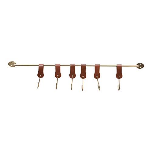 Creative Co-Op Metal & Leather 6 Hooks Wall Décor, Brown and Gold