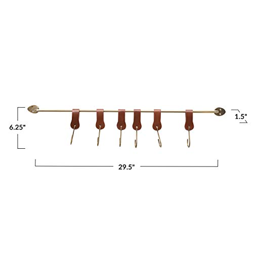 Creative Co-Op Metal & Leather 6 Hooks Wall Décor, Brown and Gold