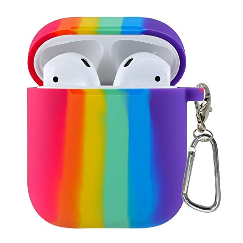 V-liams Airpods Case, Rainbow Silicone Soft Protective Case with Keychain, Earphone Storage Case, Rainbow Silicone Earphone Anti-Lost Lanyard for Airpods 2&1