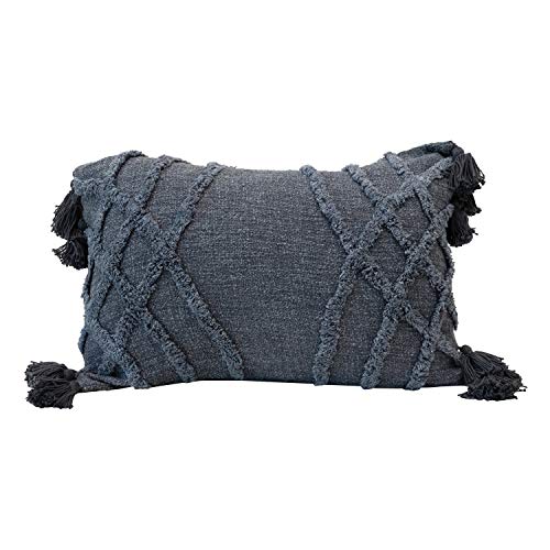 Creative Co-Op Stonewashed Cotton Blend Slub Tufted Chevron Pattern & Tassels, Blue Pillow