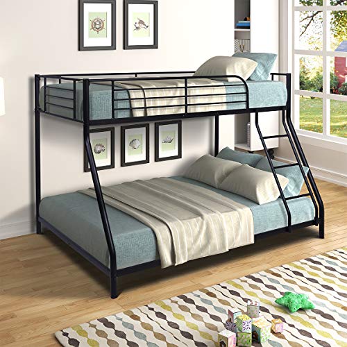 HUAYICUN Bunk Bed Twin Over Full Sturdy Steel Metal Bed Frame with Flat Ladder and Guardrail for Children/Teens/Adults (Black)