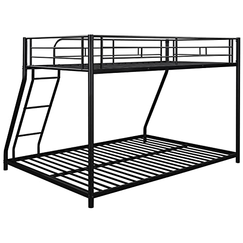 HUAYICUN Bunk Bed Twin Over Full Sturdy Steel Metal Bed Frame with Flat Ladder and Guardrail for Children/Teens/Adults (Black)