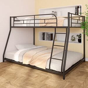 HUAYICUN Bunk Bed Twin Over Full Sturdy Steel Metal Bed Frame with Flat Ladder and Guardrail for Children/Teens/Adults (Black)