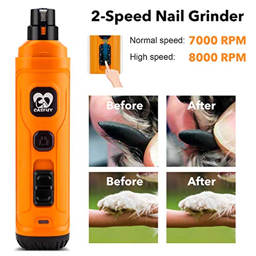 Casfuy Dog Nail Grinder with 2 LED Light - New Version 2-Speed Powerful Electric Pet Nail Trimmer Professional Quiet Painless Paws Grooming & Smoothing for Small Medium Large Dogs and Cats (Orange)