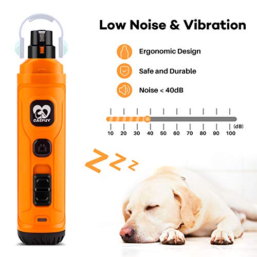 Casfuy Dog Nail Grinder with 2 LED Light - New Version 2-Speed Powerful Electric Pet Nail Trimmer Professional Quiet Painless Paws Grooming & Smoothing for Small Medium Large Dogs and Cats (Orange)