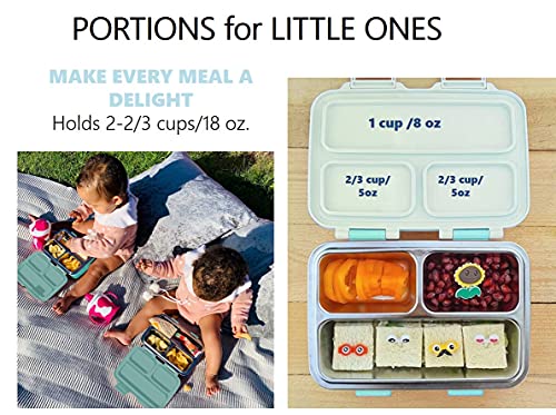 Stainless Steel Mini Lunch Box for Toddler Daycare, Baby Bento for Kids, Eco Metal Portion Sections Leakproof Lid, Pre-School Lunches and Snack Container Ages 3 and up (Soft Green)