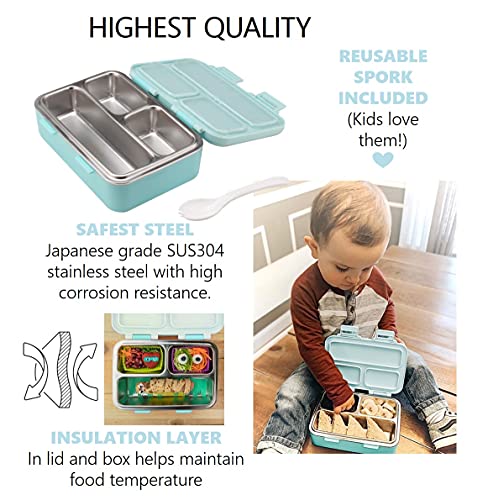 Stainless Steel Mini Lunch Box for Toddler Daycare, Baby Bento for Kids, Eco Metal Portion Sections Leakproof Lid, Pre-School Lunches and Snack Container Ages 3 and up (Soft Green)