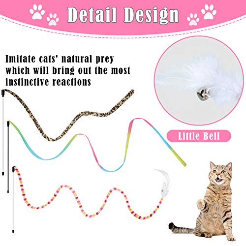 6 Pieces Cat Toys Interactive Cat Wand Toys with Feather and Bell Safe Cat Teaser Catcher Stick Toy Colorful and Sounding Christmas Wand Toys for Cats Kittens Training Pets Exerciser