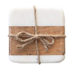 creative co-op marble & acacia wood, white & natural, set of 4 coaster, 4"