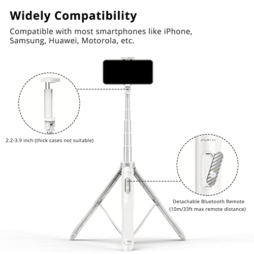 ATUMTEK 51" Selfie Stick Tripod, All in One Extendable Phone Tripod Stand with Bluetooth Remote 360° Rotation for iPhone and Android Phone Selfies, Video Recording, Vlogging, Live Streaming, White