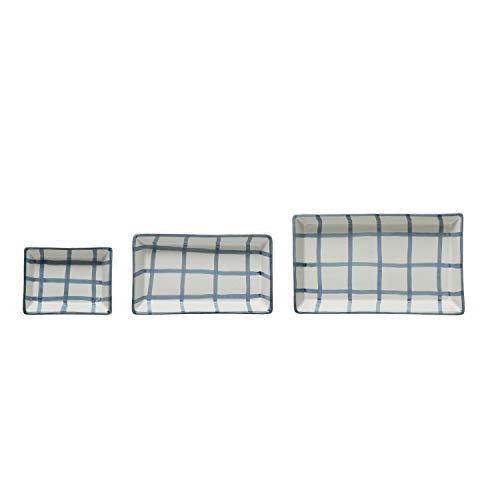 Creative Co-Op Hand-Painted Stoneware Trays with Grid Pattern, Set of 3 Plate, 7.5", Blue & White