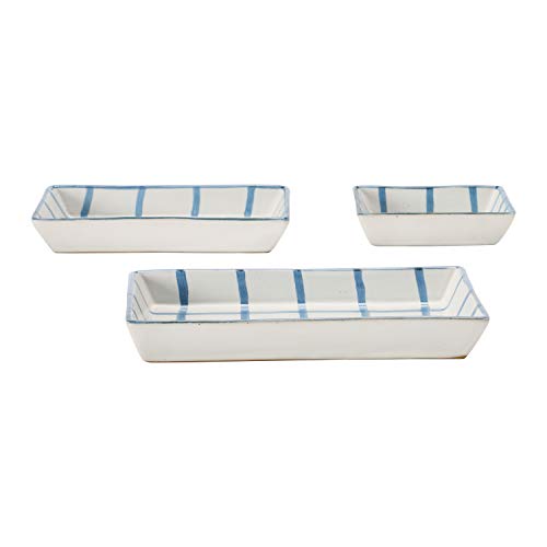 Creative Co-Op Hand-Painted Stoneware Trays with Grid Pattern, Set of 3 Plate, 7.5", Blue & White