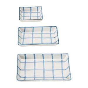 Creative Co-Op Hand-Painted Stoneware Trays with Grid Pattern, Set of 3 Plate, 7.5", Blue & White