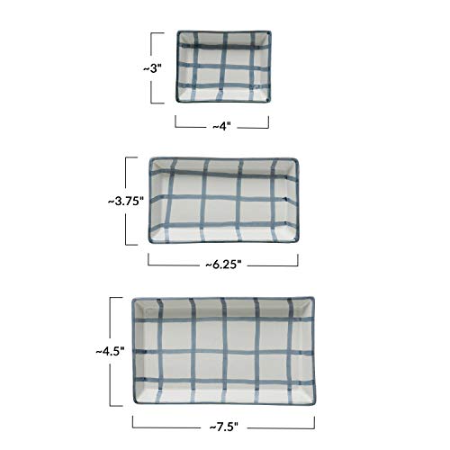 Creative Co-Op Hand-Painted Stoneware Trays with Grid Pattern, Set of 3 Plate, 7.5", Blue & White