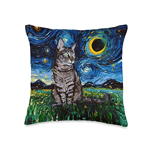 Sagittarius Gallery Gray Tabby Tiger Cat Starry Night Moon and Stars Art by Aja Throw Pillow, 16x16, Multicolor