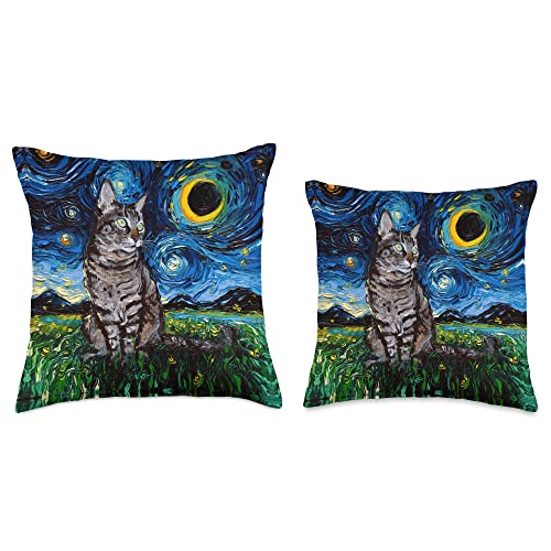 Sagittarius Gallery Gray Tabby Tiger Cat Starry Night Moon and Stars Art by Aja Throw Pillow, 16x16, Multicolor