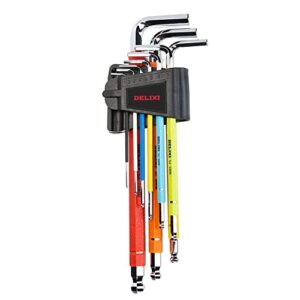 delixi color coded ball end hex l-key set, metric 1.5-10mm, 9 pieces, long arm allen wrench set